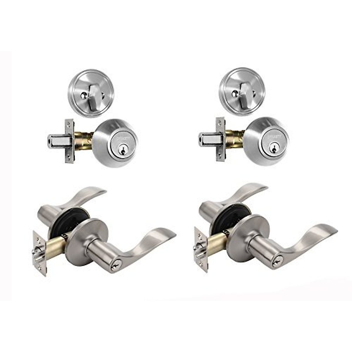 Dynasty Hardware CP-HER-US15, Heritage Front Door Entry Lever Lockset and Single Cylinder Deadbolt Combination Set, Satin Nickel (2 Pack) Keyed Alike