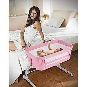 BAHOM Bassinet Bedside Sleeper, 2-in-1 Bedside Bassinet for Baby, Adjustable Height with Portable Infant Nest for Newborns, Mesh Walls Crib Bassinets (Pink)