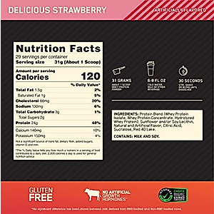 Optimum Nutrition Gold Standard 100% Whey Protein Powder, Delicious Strawberry, 2 Pound (Packaging May Vary)