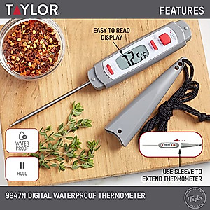 Taylor Waterproof Digital Instant Read Meat Food Grill BBQ Kitchen Cooking Thermometer, Comes with Sleeve Extender and Lanyard