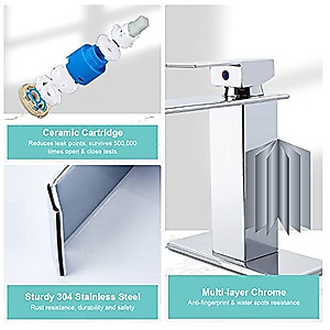 M OUDEMEI Waterfall Spout Bathroom Sink Faucet, 4 Inch Centerset Vanity Sink Faucet, Single Handle Lavatory Faucet, Mixer Tap with Deck Plate for 1 OR 3 Hole Easy Installation (Chrome)