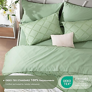 Gotroolhome Sage Green Queen Comforter Set - 7 Pieces ，Boho Tufted Shabby Chic Bedding Comforter Set, Bed in a Bag for All Seasons, with Comforter, Sheets, Pillowcases & Shams