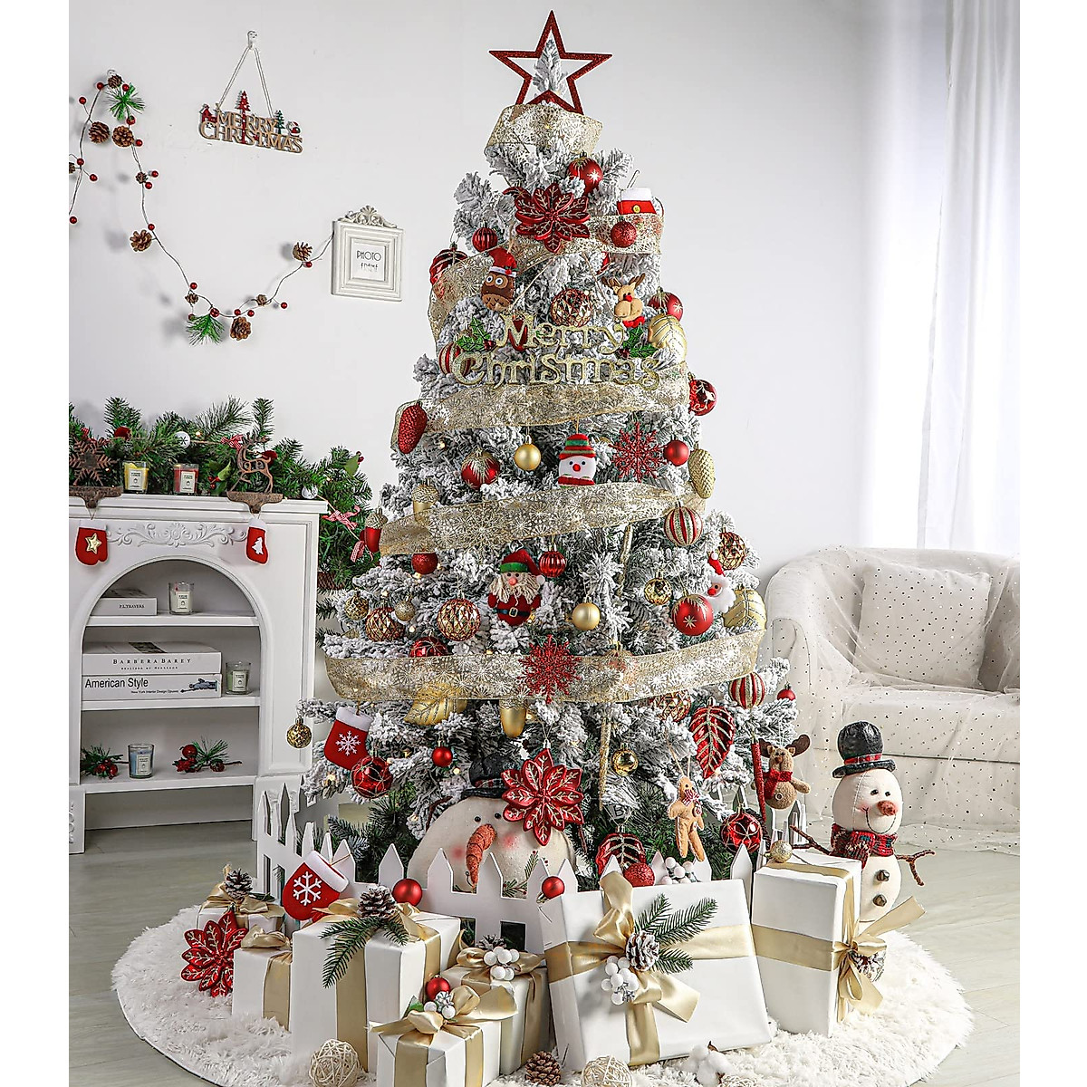 SHareconn 106pcs Christmas BaublesOrnaments Set,Shatterproof Plastic DecorativeBaubles for Christmas Tree Decorations,Holiday Wedding Party Decoration with HooksIncluded,Red & Gold