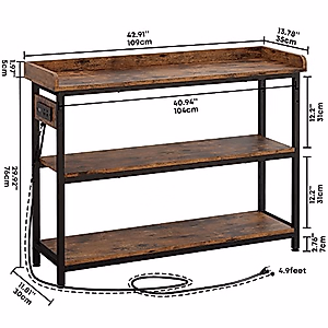 IRONCK Console Table, Sofa Table with Power Outlet, 43" Farmhouse Hallway Table for Entryway, Living Room, Height Adjustable, Easy Assembly, Rustic Brown