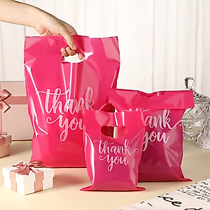 Eersida 200 Pcs Thank You Merchandise Bag Die Cut Shopping Bags with Handles 3 Sizes Plastic Gift Bags Retail Bags for Goodie Small Business Trade Bags Store Boutique Clothes (Pink)