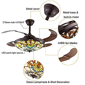 Yaminie 42" Tiffany Invisible Ceiling Fan,Retractable Invisible Ceiling Fan Retro Stained Glass LED Chandelier 3 Speeds 3 Light Changes Fandelier Chandelier Fan for Bedroom Dining Living Room