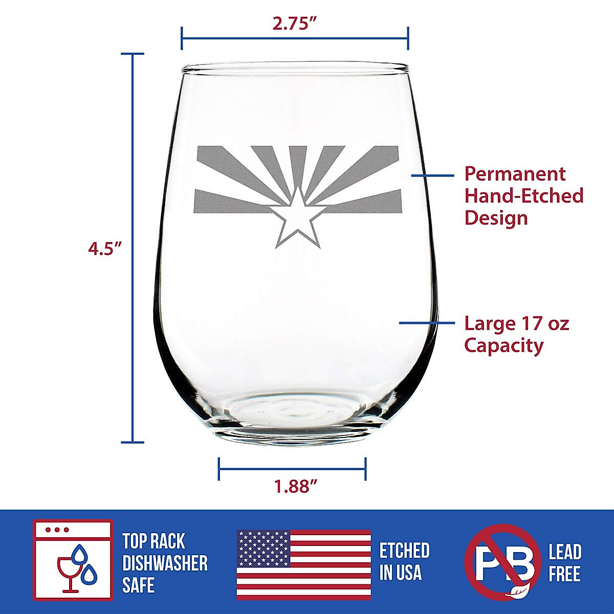 Arizona Flag - Stemless Wine Glass - State Themed Drinking Decor and Gifts for Arizonans - Large 17 Ounce