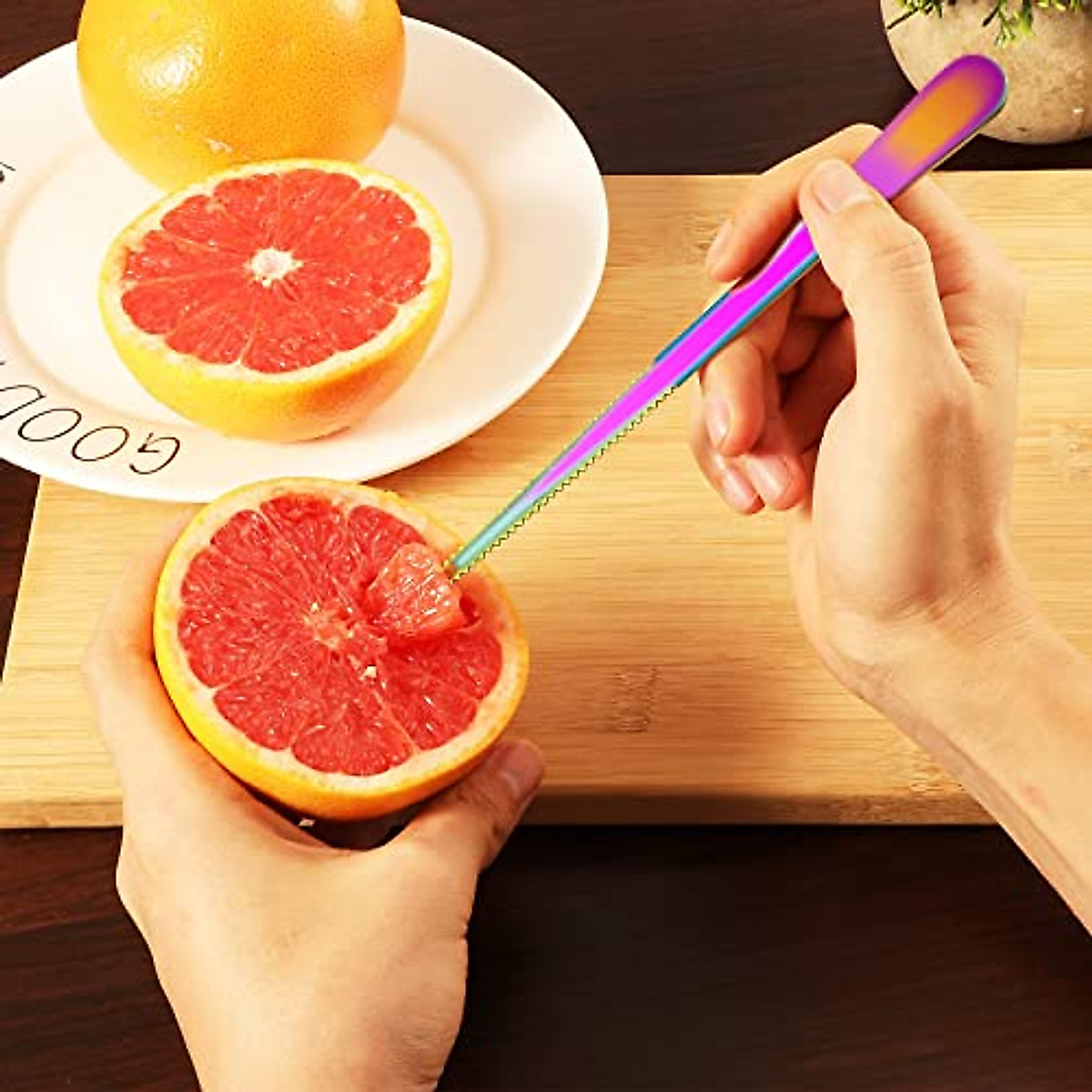 Grapefruit Spoons & Grapefruit Knife, Stainless Steel Grapefruit Utensil Set, Serrated Edge & Thick Gauge Handle, Rainbow Kitchen Tool with Non-stick Plating for Kiwi, Dessert, Apple (5 PCS)