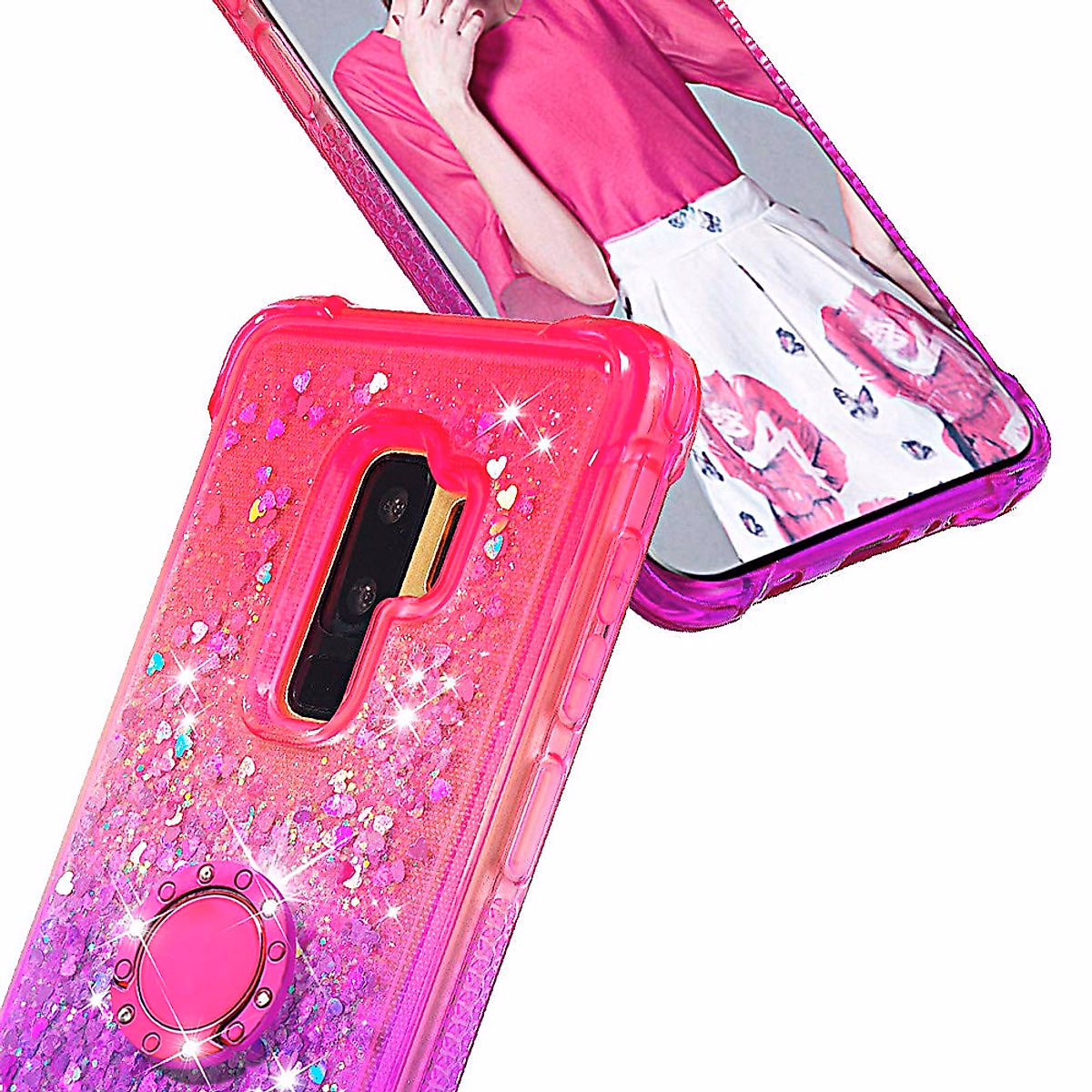 ONV Silicone Case Compatible with Samsung Galaxy S9 Plus - with Metal Ring Shinny Phone Case with Flow Sand Kickstand Bumper Anti-Drop Soft Shell for Samsung Galaxy S9 Plus Cover TPU [JB] - P&P