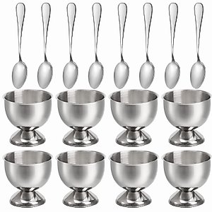 Elsjoy 8 Pack Egg Cup Holders with 8 Spoons, Stainless Steel Egg Cups Set for Soft & Hard Boiled Eggs, Kitchen Tools, Breakfast