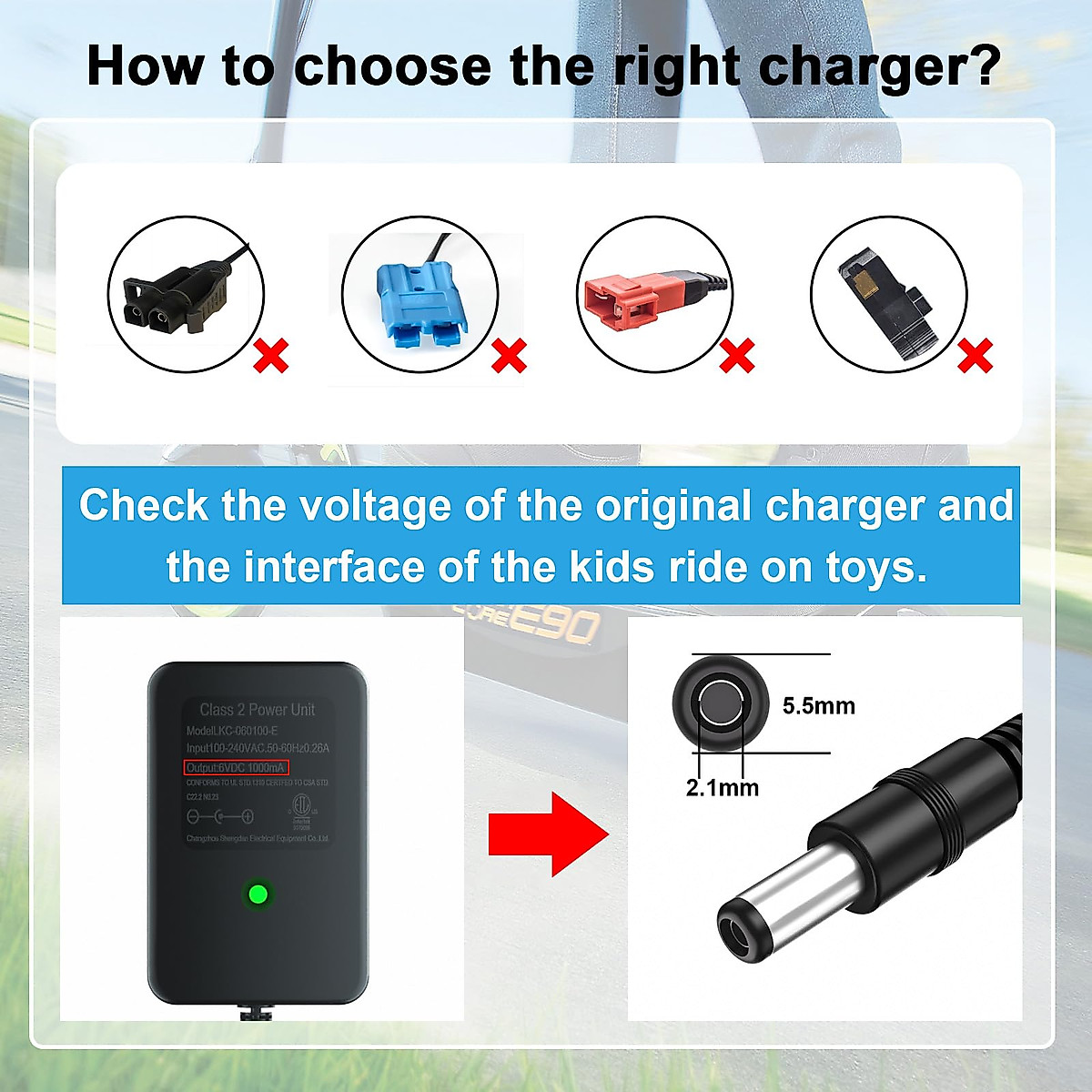 Charger for Kidzone Bumper Car, Flybar, Hello Kitty, Best Choice Products, Kid Trax, Dynacraft, Spider-Man, Toddler, 6V Battery Charger Child Kids Ride On Car Toys, 1.8M, Overheat Protection