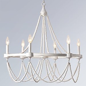 28 Inch White Beaded Chandelier Bohemian Style, 6-Light Retro Wood Country Chandelier, Farmhouse Chandeliers for Dining Room, (Bulb Not Included)