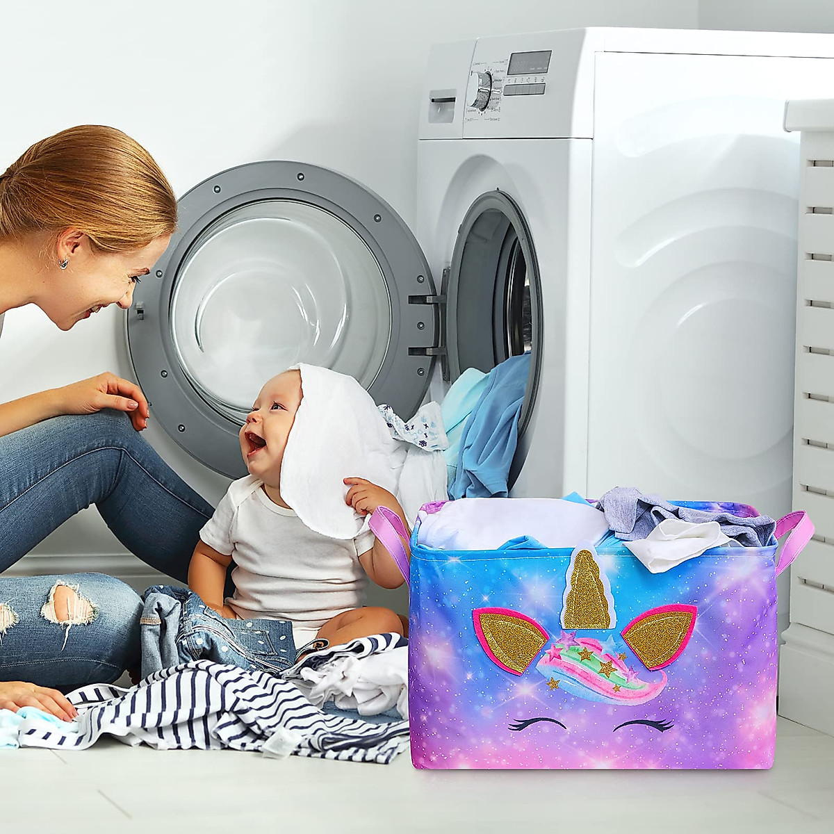 FIOBEE Unicorn Storage Bin Rectangular Laundry Hamper Canvas Storage Basket Waterproof Organizer Bin with Handles for Nursery Clothes Kid's Toys Storage