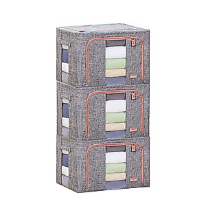 3 Pack Clothes Storage Bags - 66L Foldable Stainless steel Frame Storage Box - Stackable Linen Fabric Container Organizer Set with Carrying Handles and Clear Window With sturdy zipper ( 19.7x15.7x13inch）