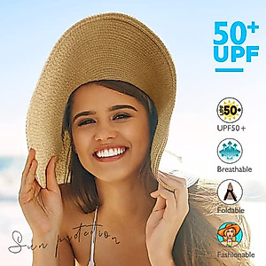 Foldable Beach Sun Hat for Women, UV Protection Wide Brim Straw Visor Hats, Fashionable Boho Hats for Girls, Outdoor Tribe Sun Hats for Travel Gardening Beach Light Khaki