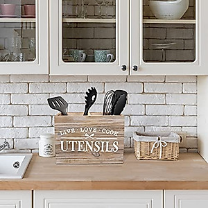 Karisky Kitchen Utensil Holder for Countertop, Farmhouse Solid Real Wood Utensil Caddy with Removable Bottom, 2 Compartments Utensil Crock Flatware Organizers for Kitchen, Nature