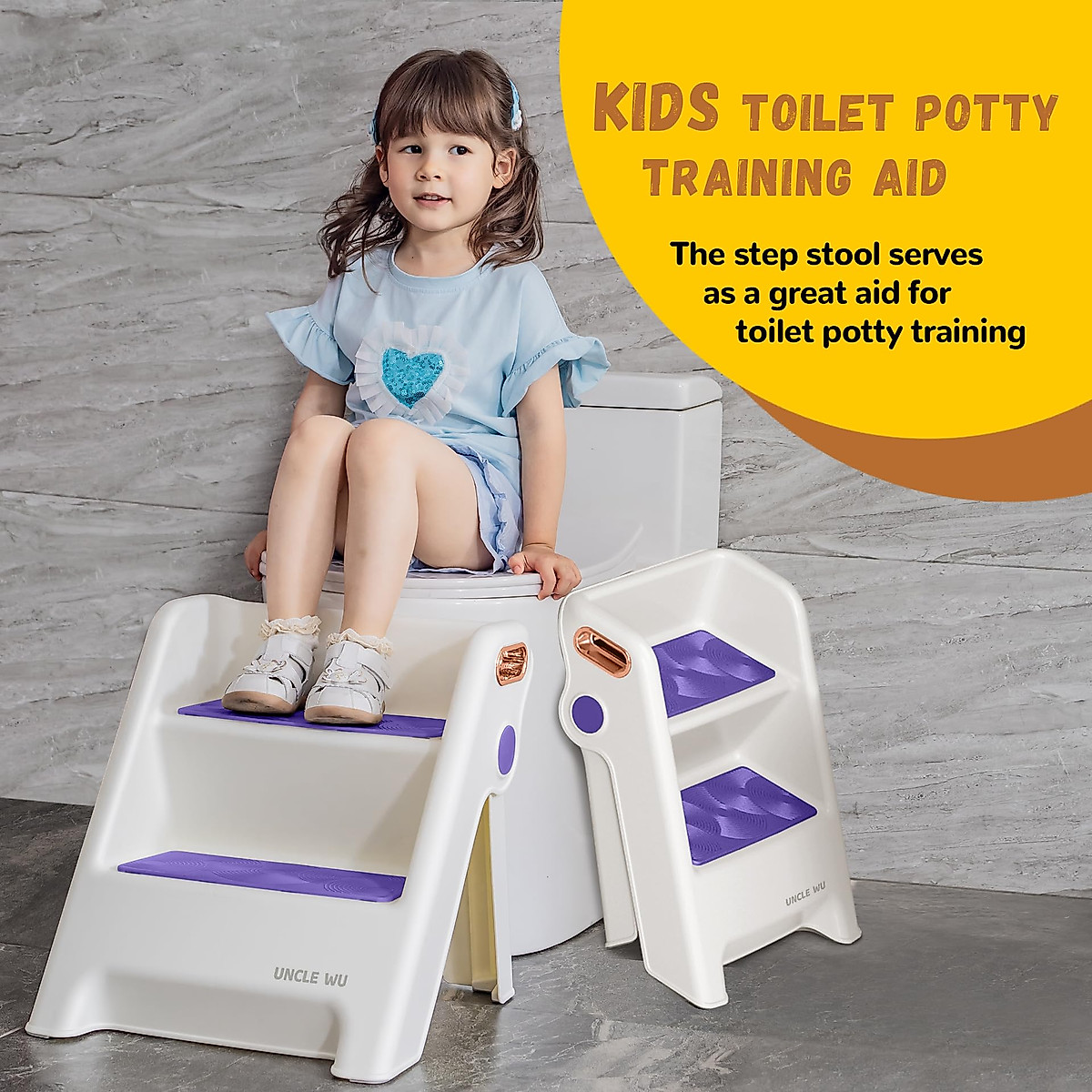 UNCLE WU Foldable 2-Step Stool for Kids - 11.2" Height, Anti-Slip, Safety Handles,Durable - Perfect for Potty Training, Bathroom Sink,Kitchen Stand Stool & Bedroom Step Stool