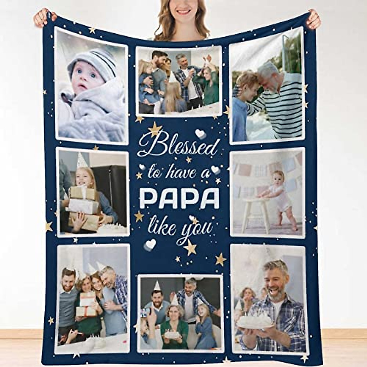 HUGLAZY Gifts for Papa Grandpa Personalized Custom Customized Blankets with Photos Happy Fathers Day Birthday Gifts with Photos Picture Blankets Throw Gifts for Grandfather from Grandkids
