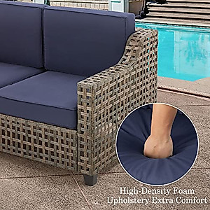 MELLCOM 4-Piece Outdoor Sectional Sofa Couch, Patio Furniture Set with Cushions and HDPE Table Top, Handwoven PE Wicker Rattan Patio Conversation Set for Patio, Garden, Yard, Pool, Brown and Blue