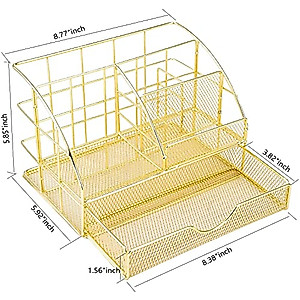 POPRUN Desk Organizers and Accessories for Women with Drawer, Cute Desk Supplies and Stationary Oganizer for Home and Office Desk Decor, Metal Mesh Desk Organization and Storage (Gold)