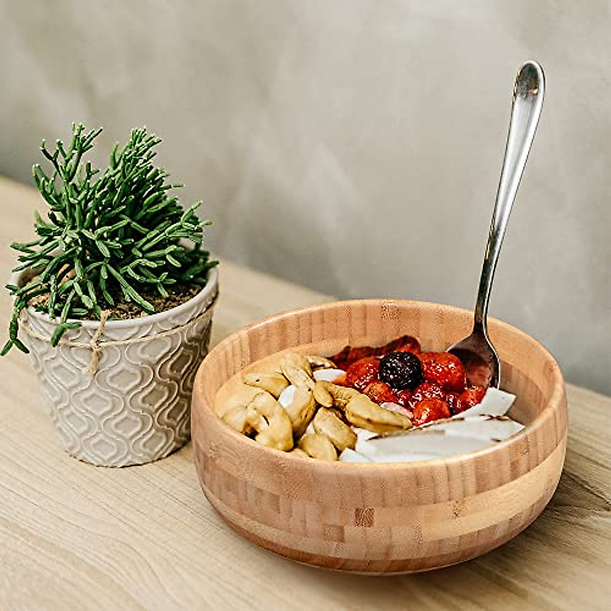 GinSent Bamboo Salad Bowls Set, 3 Pack Stackable Salad Serving Bowls, Eco Friendly Natural Wooden Bowls For Food, Salad, Fruit, Rice, Pasta, Soup, Cereal, Snack and Nuts