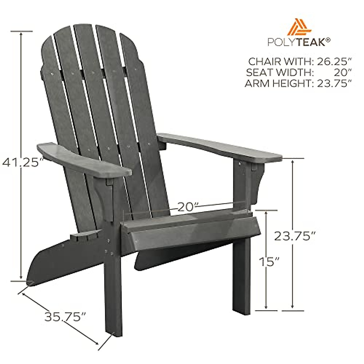 PolyTEAK Adirondack Chair, Premium Weather Resistant Poly Lumber, Outdoor Patio Furniture, Up to 300 lbs, Plastic Adirondack Chairs for Porch, Deck, & Pool Side, Traditional Element Collection, Grey