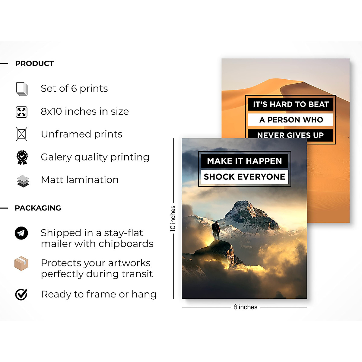 Motivational Wall Art - Inspirational Posters and Wall Art for Office, Home, Gym - Positive Quotes Wall Decor for Work Place - Inspiration Artwork for Business, Sports - 8x10inch, Set of 6 - UNFRAMED