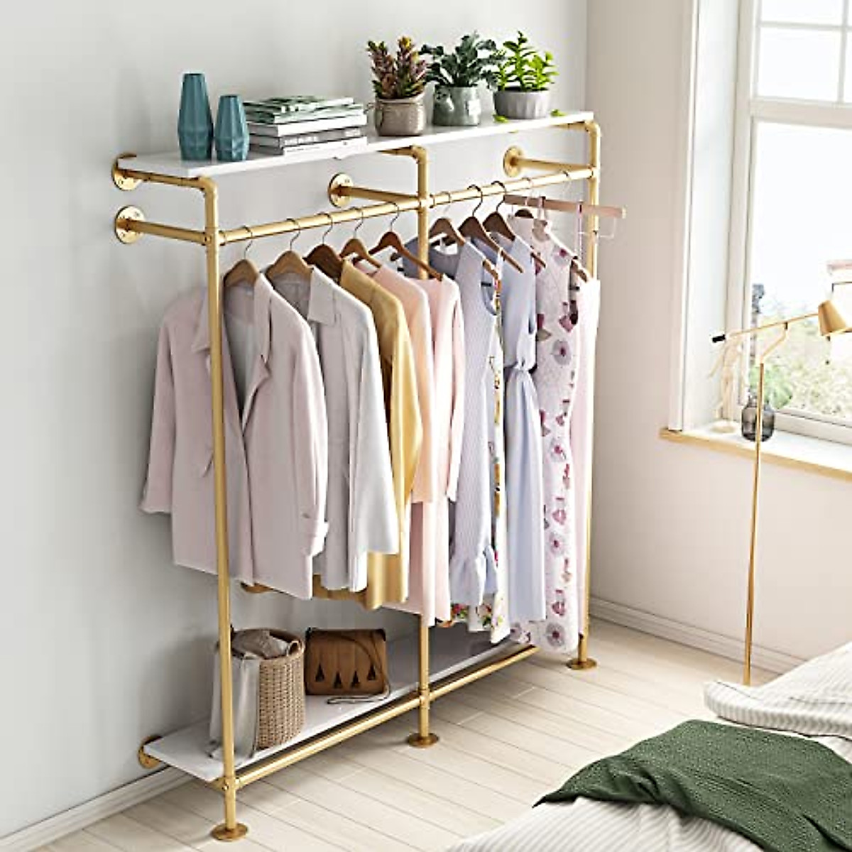 IronJiaZu Gold Pipe Clothes Racks with 2 Shelves, Industrial Pipe Gold Clothing Rack with Double Hanging Rods, Heavy Duty Wall Mounted Clothing Rack Rod for Closet Storage, Bedroom