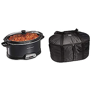 Hamilton Beach Portable 7-Quart Programmable Slow Cooker With Lid Latch Strap, Black (33474) & Hamilton Beach Travel Case & Carrier Insulated Bag for 4, 5, 6, 7 & 8 Quart Slow Cookers (33002),Black