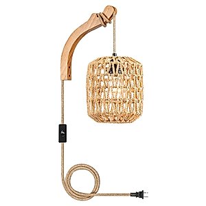 Plug-in Wall Sconces, Hemp Rope Pendant Light, Hand Woven Wall Lamp with Natural Paper String Lampshade, Farmhouse Wall Sconce Wall Mounted Light Boho Hanging Lamp for Bedroom Living Room (2 in1 DIY)