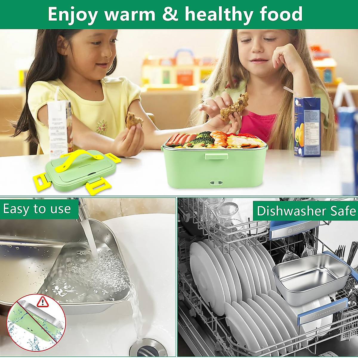 Electric Lunch Box,Fast 75W Food Heater,12V/24V/110V Portable Self Heating for Car Truck Home,1.8L Large-Capacity,304 Stainless Steel Container,0.45L Compartment,Fork Spoon,Carry Bag (green)