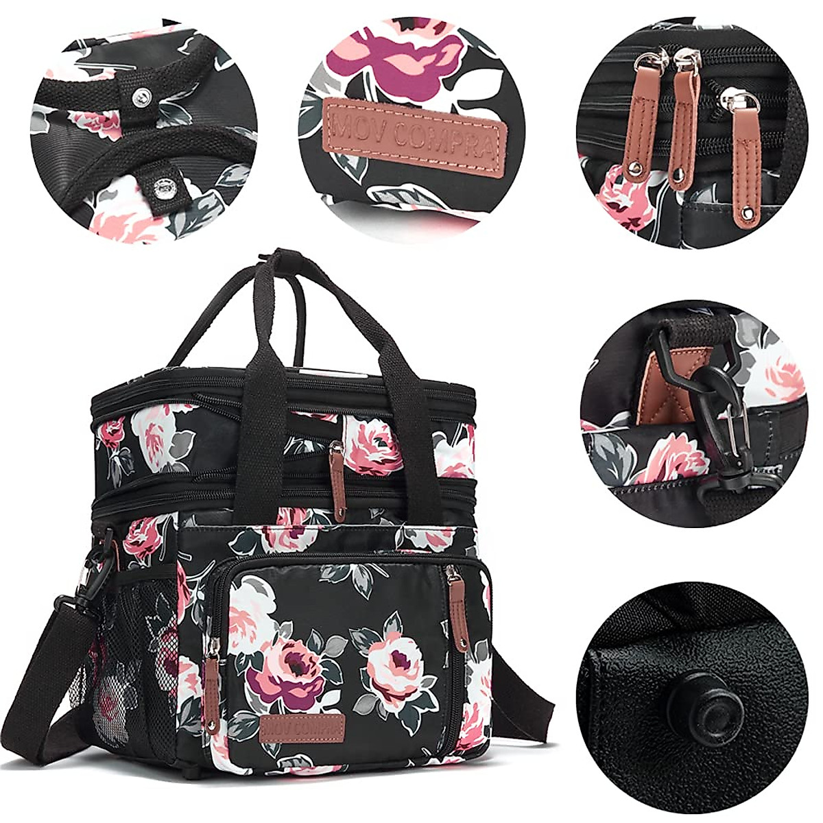 MOV COMPRA Lunch Bag Women Flower Insulated Lunch Box for Work, Expandable Large Lunch Bag, Leakproof Double Deck Lunch Box Cooler Bag with Removable Shoulder Strap（Flower）