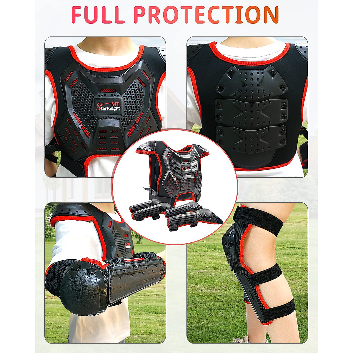 StarknightMT 2 Sets Kids ATV Riding Gear - Protective Shoulder Pad Chest Back Spine Protector with Quick Release Straps(Black+Red)