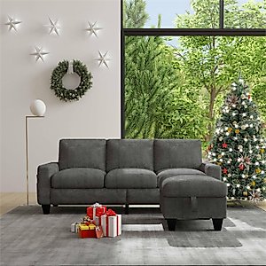 Sectional Sofa L-Shaped Couch, Snowflake Fabric Couch for Living Room with Reversible Storage Chaise & Side Storage Pockets, 3-Seat Sofa for Living Room/Apartment/Dorm/Office/Small Space (Gray)