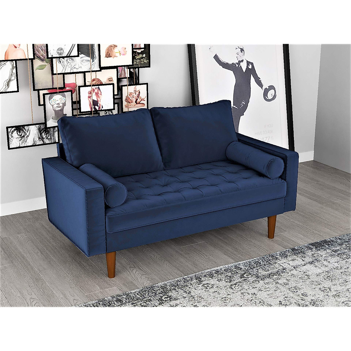 Container Furniture Direct Womble Velvet Upholstered Living Room Diamond Tufted Chesterfield Loveseat With Gleaming Nailhead, Space Blue