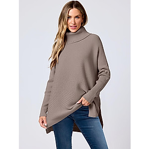 ANRABESS Women's Oversized Turtleneck Batwing Sleeve Spilt Casual Loose Knit Tunic Pullover Sweater Tops 2025 Fall Outfits Brown Small