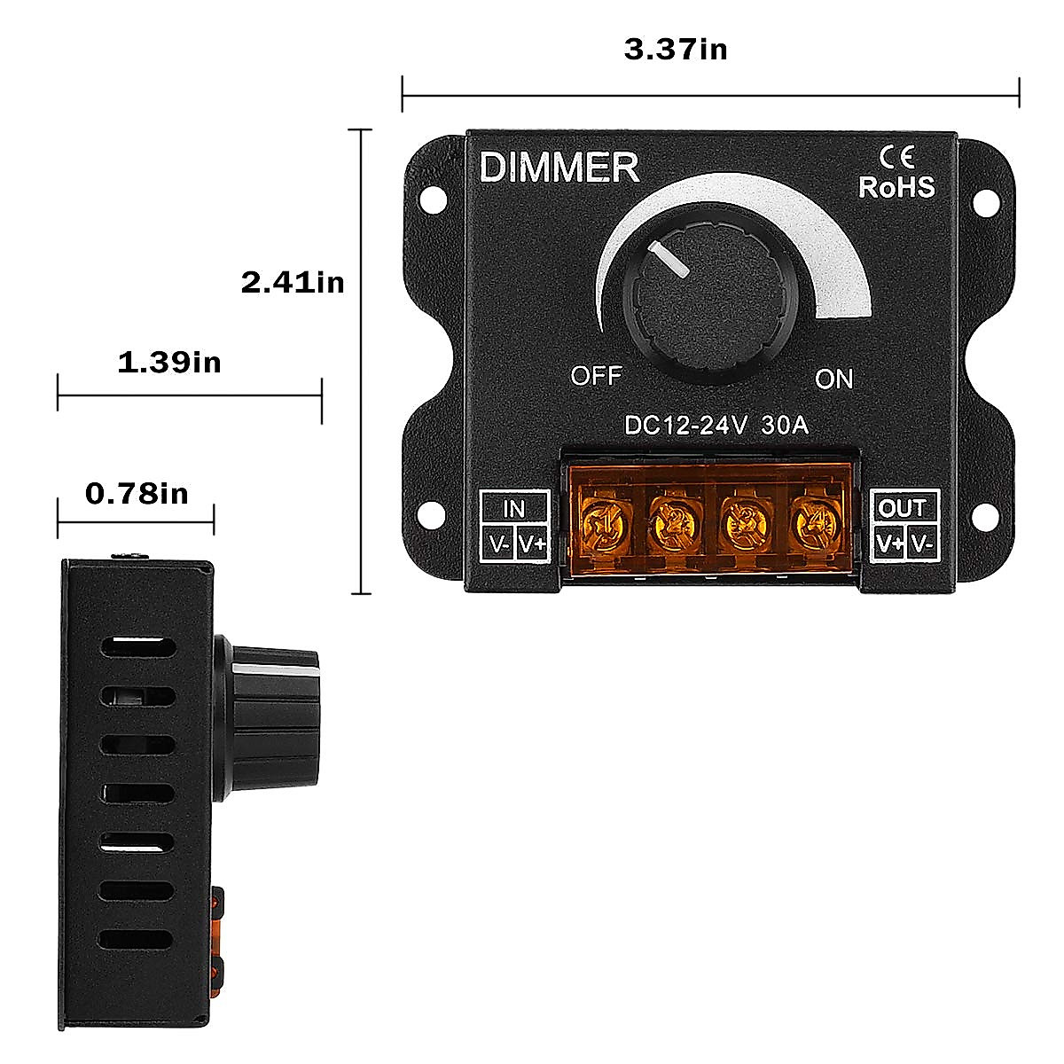 SUPERNIGHT LED Light Strip Dimmer, DC12V-24V 30A PWM Dimming Controller for Dimmer Knob Adjust Brightness ON/Off Switch with Aluminum Housing (Aluminum Dimmer)