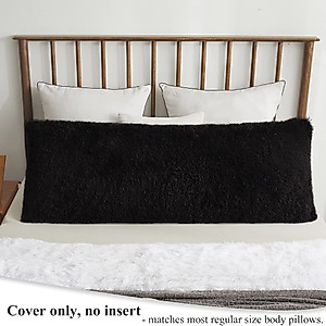 XeGe Soft Plush Body Pillow Cover, 20x54 Big Fluffy Body Pillowcase, Boho Faux Fur Fuzzy Long Decorative Pillow Sham for Bedroom Sofa Couch, Solid Shaggy Throw Bed Pillow Case Black