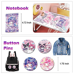 FETELAZ Cute Melody Kuromi Accessories School Supplies, Including Notebook Pencil Case Pens Stickers Button Pins Lanyard Keychain Ruler Bookmarks Phone Ring Holder