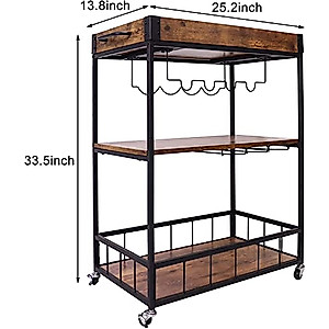 Fleecy day Bar Carts for Home,Bar Serving Cart 3-Tier Rustic Wood with Wine Rack and Glass Holder,Beverage Cart with Wheels and Metal Serving Trolley 34in