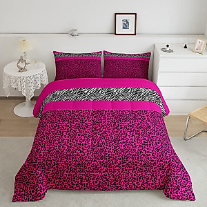Manfei Pink Leopard Comforter Set Full Size, Black White Zebra Print Bedding Set 3pcs for Kids Boys Girls Room Decor, Wild Animal Print Quilt Set Cheetah Print Duvet Set with 2 Pillowcases