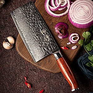 YARENH 7 Inch Chinese Cleaver Knife, 73 Layers Damascus High Carbon Stainless Steel, Full Tang, Natural Sandalwood Handle, Gift Box