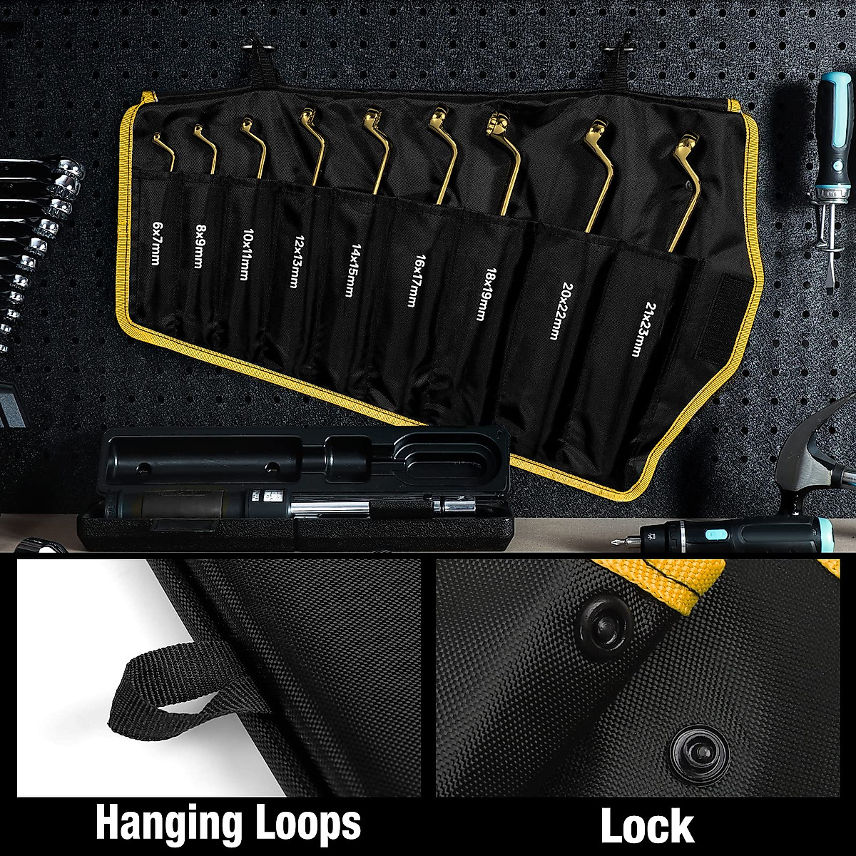 DURATECH Offset Box Wrench Set, Metric, 9-Piece, 6-23mm, 75-Degree, CR-V Steel, Titanium Plating with Pouch