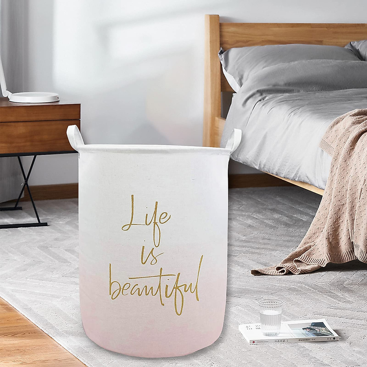 Mziart Storage Bins, 19.7" Large Storage Basket Canvas Nursery Hamper Collapsible Laundry Baskets Waterproof Organizer Basket with Gradient Design for Toys Clothes Kids Bedroom (Pink)