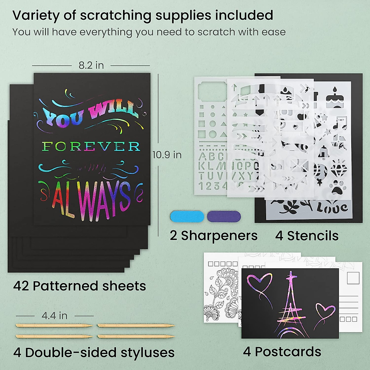 ARTEZA Scratch Paper, Set of 42 Sheets, 10.9 x 8.2 Inches, Includes 4 Unique Patterns, 4 Scratchers, 4 Stencils, 4 Post Cards