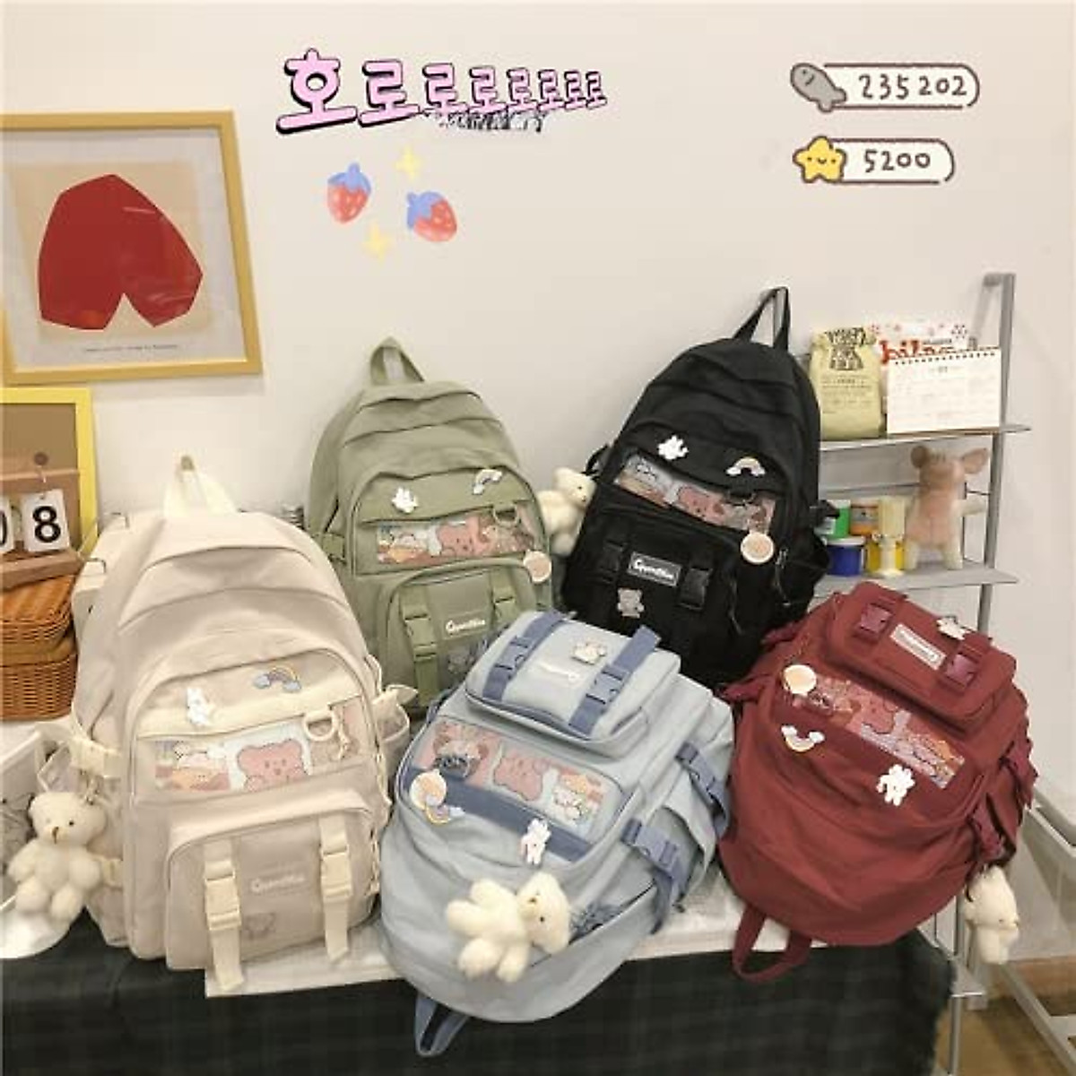 Aoakva Kawaii Solid Color Backpack Trendy Travel Bag with Cute Bear Pendant (Black pendant)