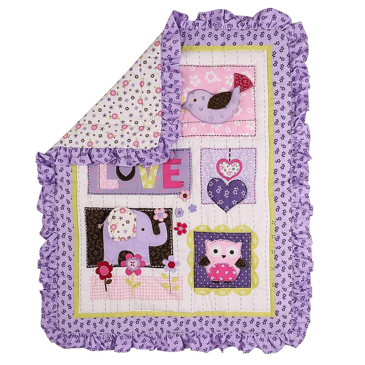 7 PCs Purple Embroidery Elephant Birds Nursery Crib Bedding Set Baby Girl Gift Idea, (CM-PEB7CS001)