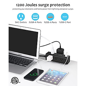 13 in 1 Under Desk Power Strip, Removable Under Desktop Fast Charging Outlet Station with 3 USB A and 1 USB C Ports, Widely Spaced Under Table Surge Protector 1200J, 6FT Extension Cord. (Black)