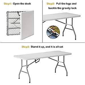 DlandHome Folding Table 6ft, Heavy Duty Plastic Foldable Table with Handle,Plastic Dining Table Indoor Outdoor for Camping, Picnic and Party,Fold-in-Half,White