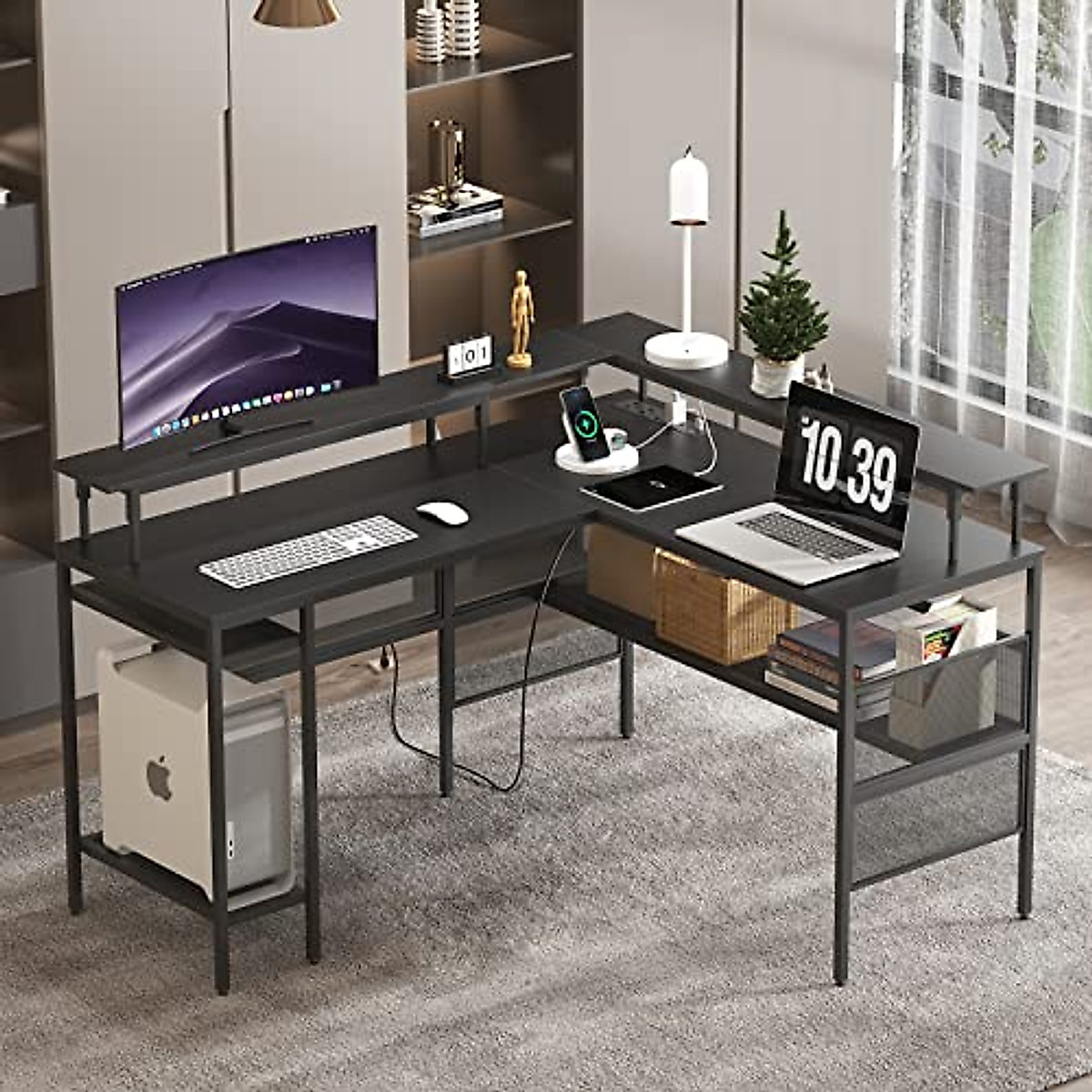 WASAGUN 55" Gaming Desk L Shaped with Power Outlet and LED Lights,Corner Computer Desk with Monitor Stand Storage Shelves for Home Office Gamer Desk